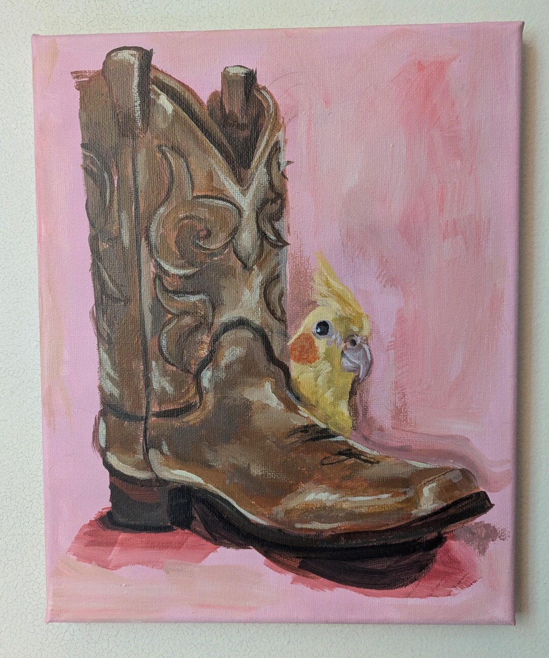 Cockatiel Painting in Pink Cowboy Boot: Quirky Cowgirl Wall Art - Etsy