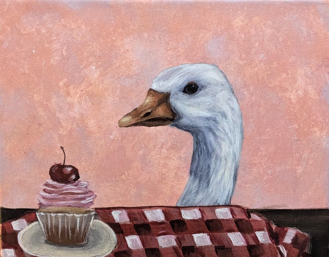 Silly Goose and His Cupcake Painting, Whimsical Goose Poster, Silly ...