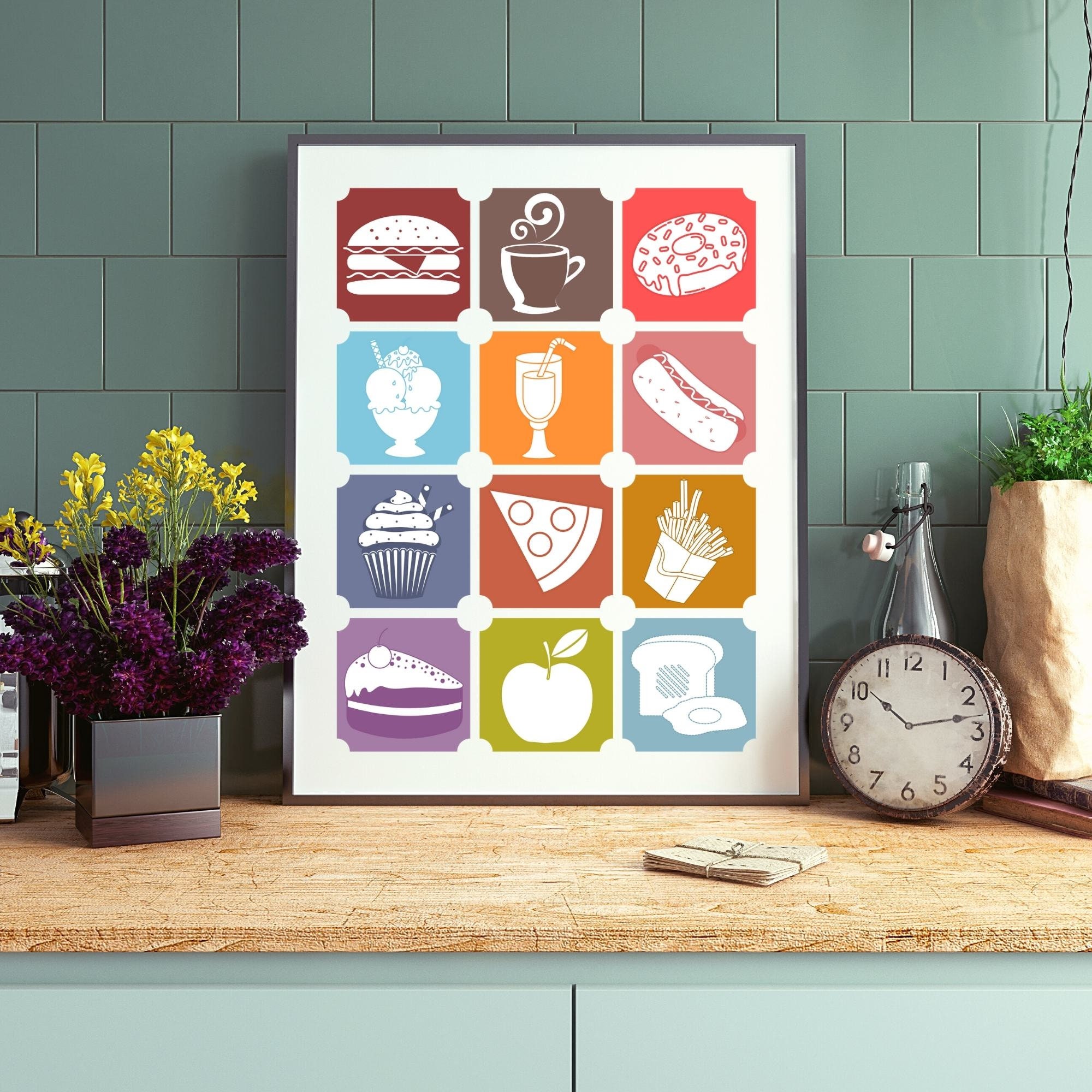 Snack Food Kitchen Colorful Print Wall Art, Burger, Fries, Coffee ...