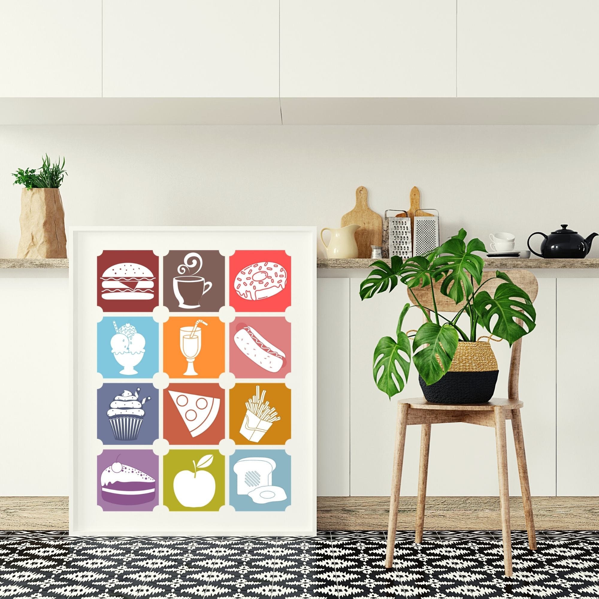 Snack Food Kitchen Colorful Print Wall Art, Burger, Fries, Coffee ...