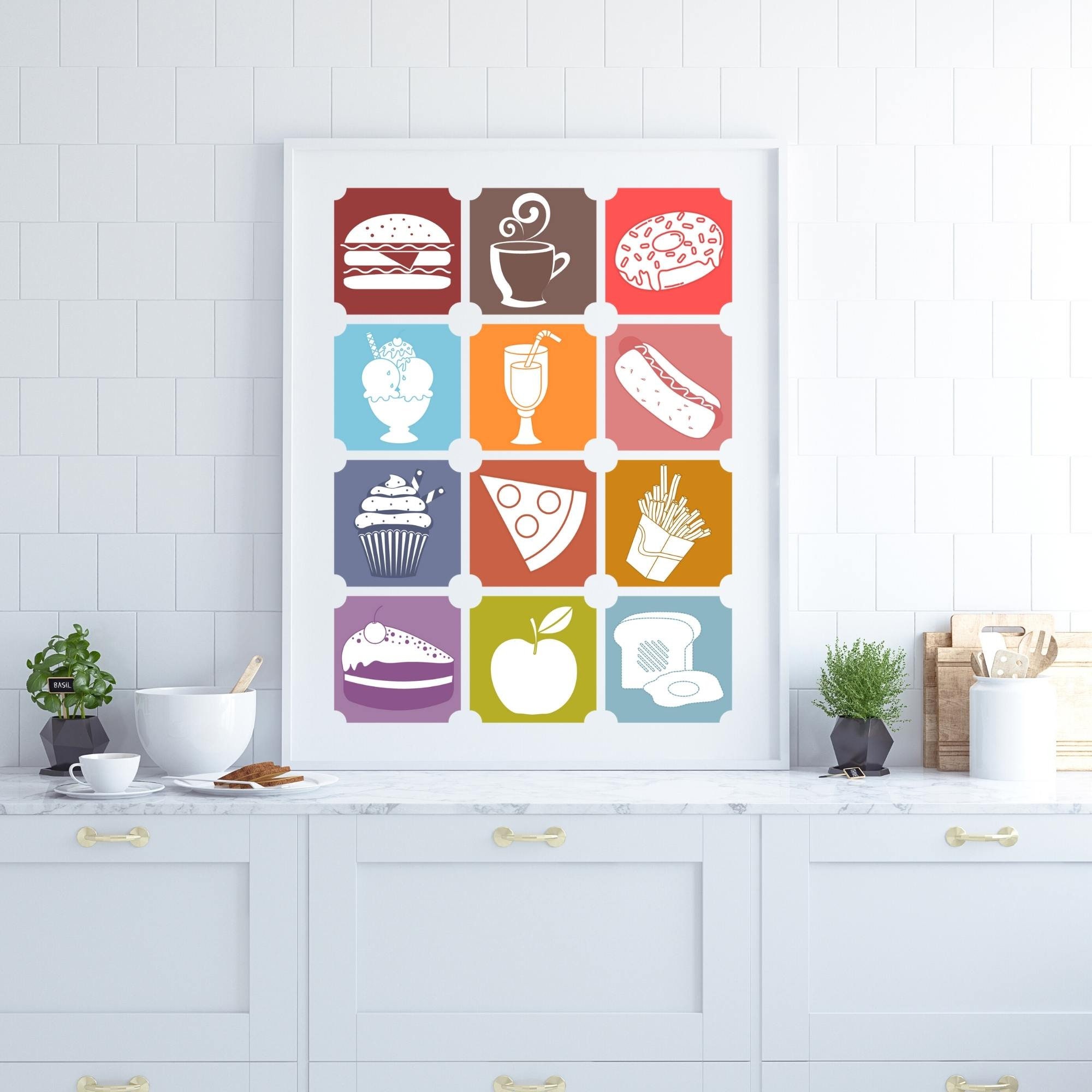 Snack Food Kitchen Colorful Print Wall Art, Burger, Fries, Coffee ...