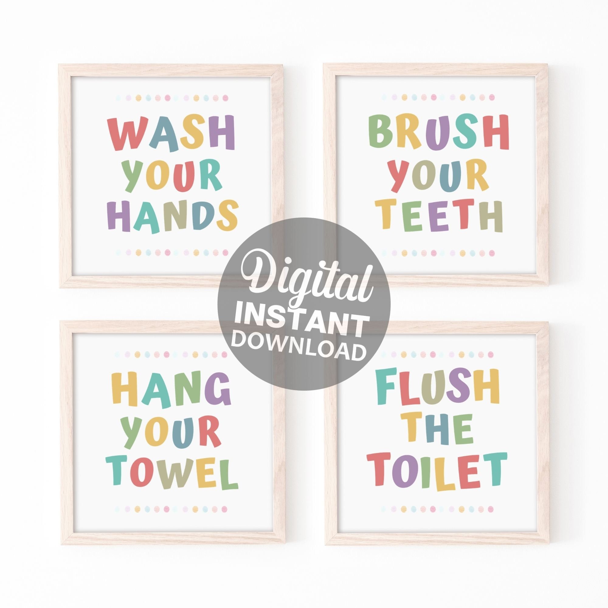 Kids Bathroom Rules Art, Set of 4 Printable, Wash Brush Hang Flush ...