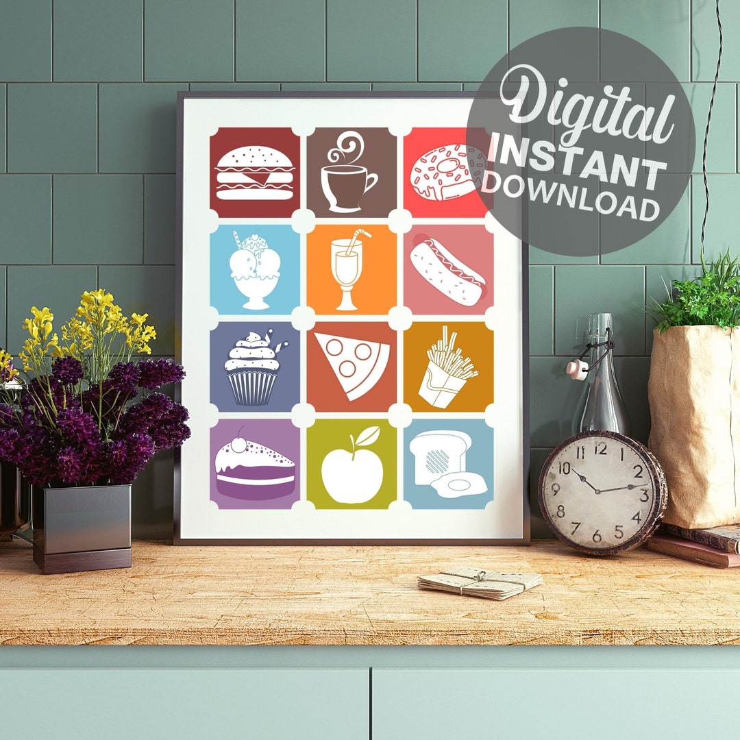 Snack Food Kitchen Colorful Print Wall Art, Burger, Fries, Coffee ...
