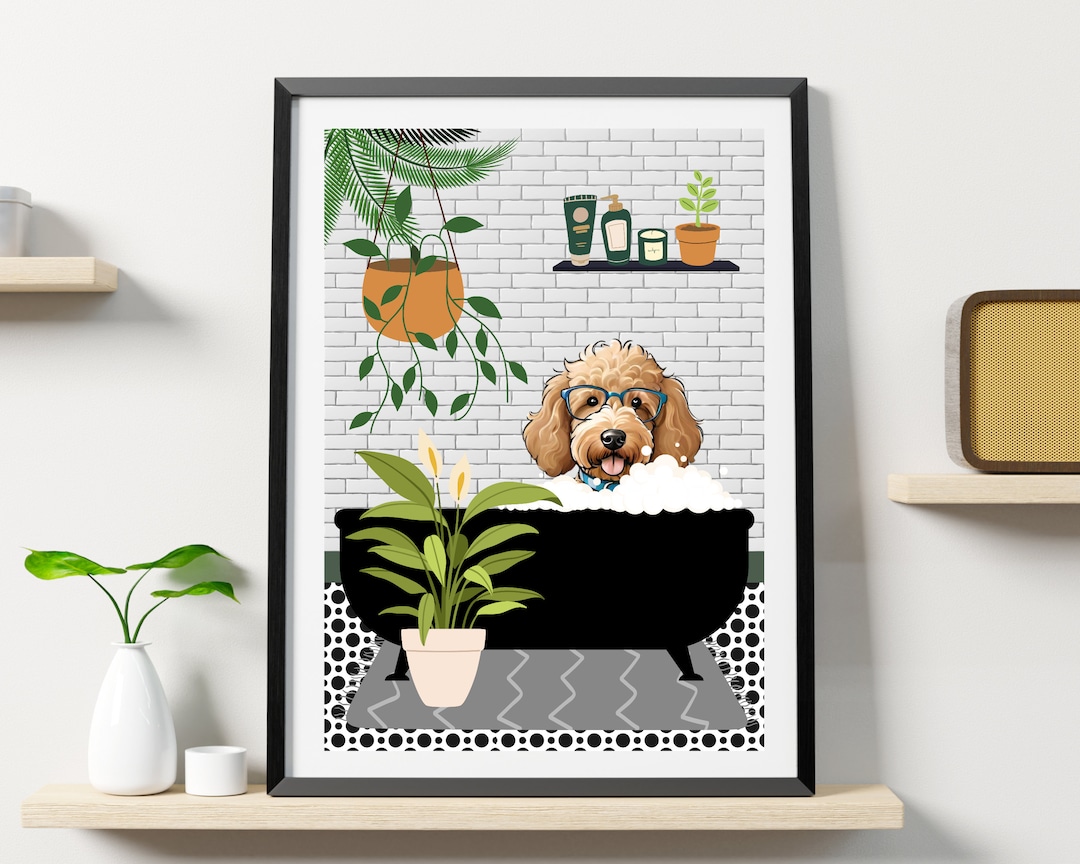 Goldendoodle Dog Enjoying a Bubble Bath. Animal Print. White Bathroom ...