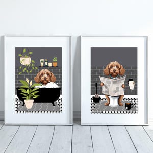 Set of Two Cavapoo Bathroom Prints. One Cavapoo in the Bath and One ...