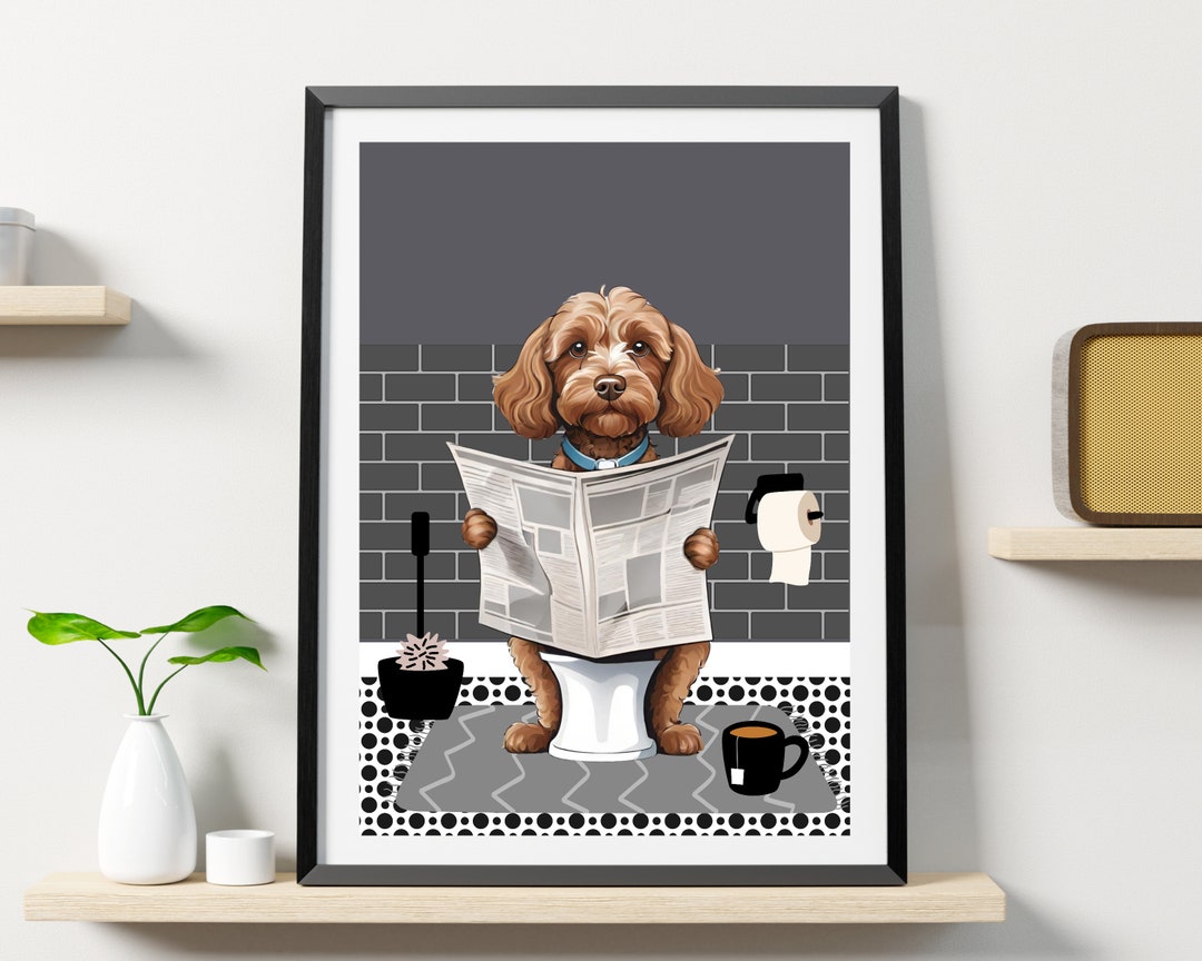 Cavapoo Dog on the Toilet Reading a Newspaper. Animal Print. Grey ...