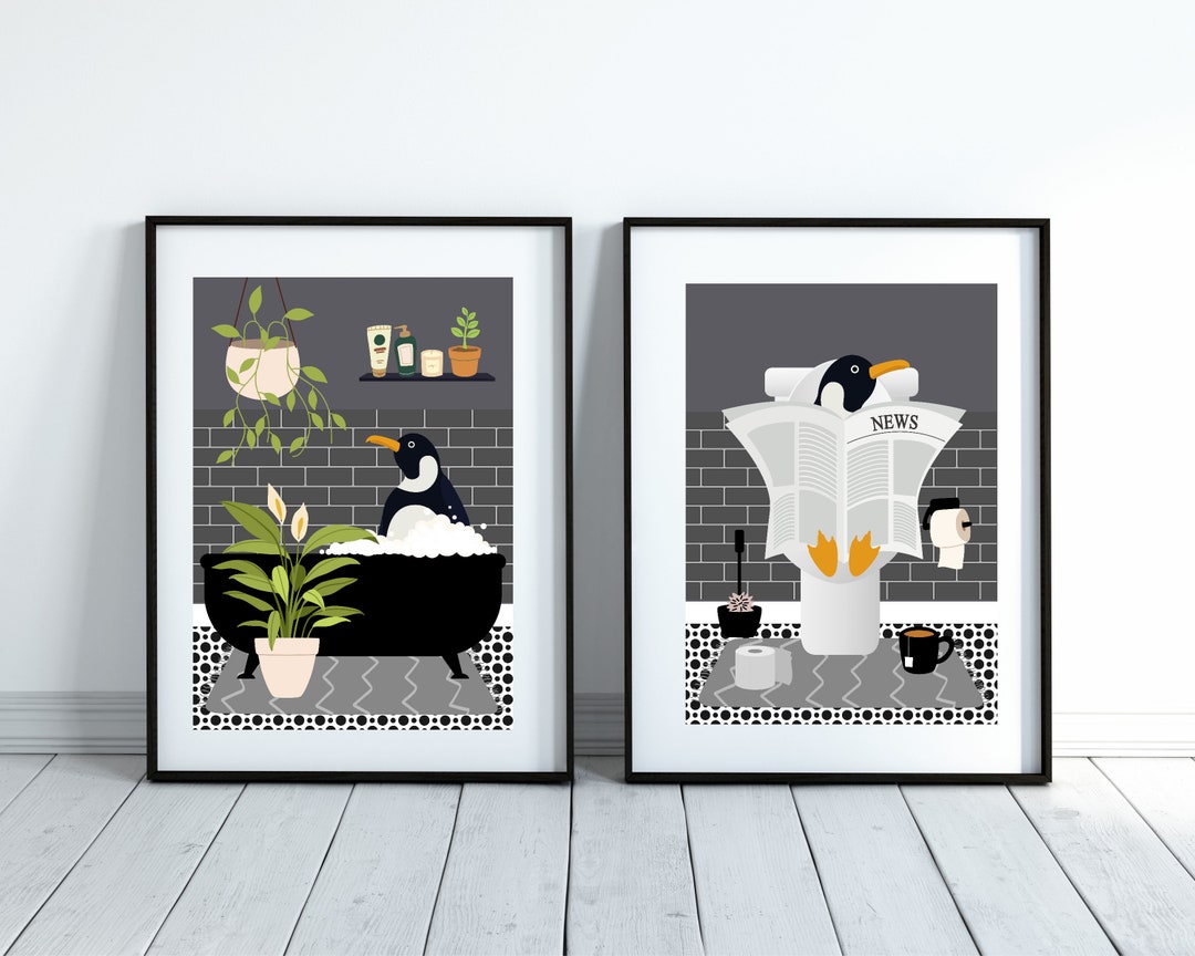 Set of Two Penguin Bathroom Prints. One Penguin in the Bath and One ...
