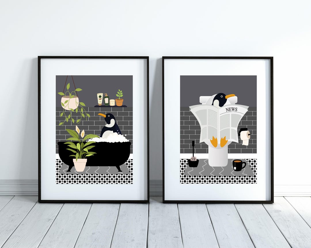 Set of Two Penguin Bathroom Prints. One Penguin in the Bath and One ...