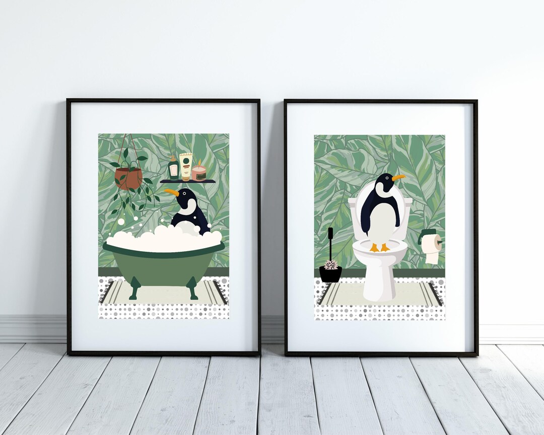 Set of Two Penguin Bathroom Prints. One Penguin in the Bath and One ...