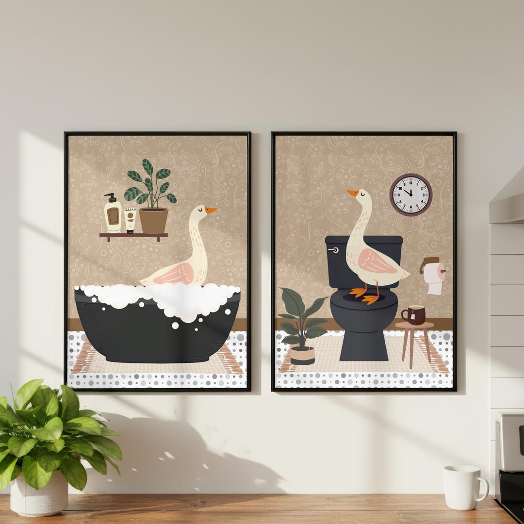 Geese Bathroom Prints, Bath & Toilet Art, Set of Two Brown Goose ...