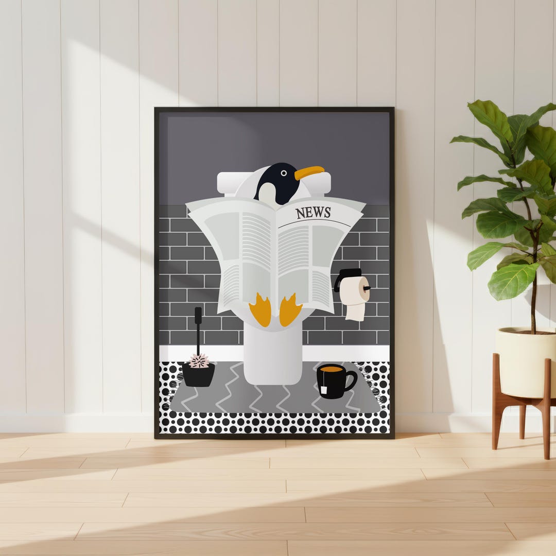 Penguin on the Toilet in a Grey Bathroom Print. Funny Animal Bathroom ...