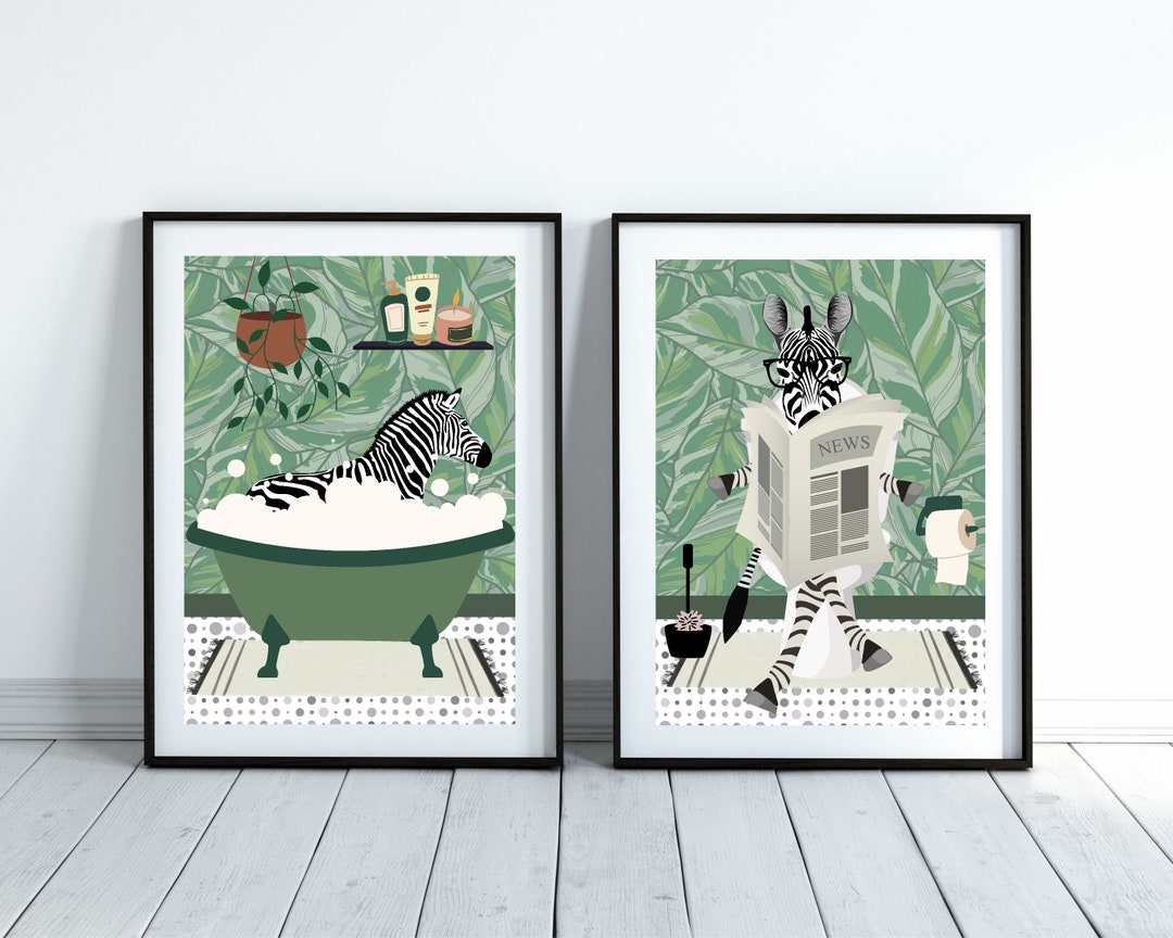 Set of Two Zebra Bathroom Prints. One Zebra in the Bath and One Zebra ...