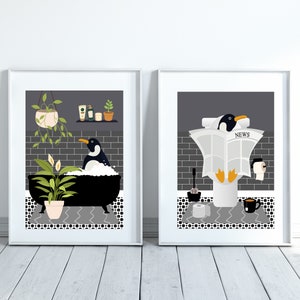 Set of Two Penguin Bathroom Prints. One Penguin in the Bath and One ...