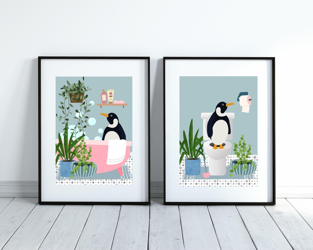 Penguin Bathroom Prints. Funny Penguin in the Bath Print and Penguin on ...