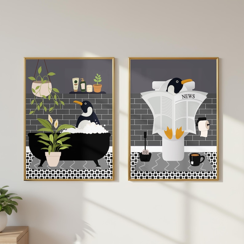 Penguin Bathroom Prints. One Showing a Penguin in the Bath and One ...