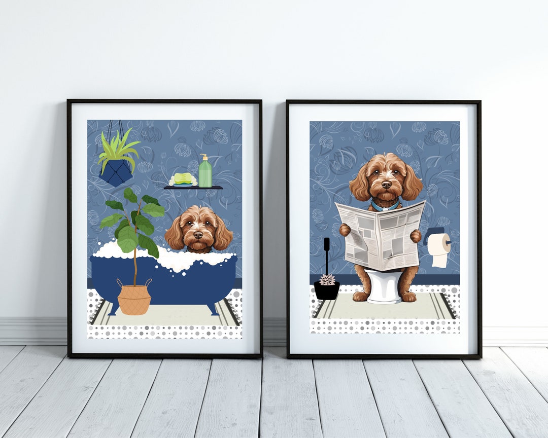 Set of Two Cavapoo Bathroom Prints. One Cavapoo in the Bath and One ...
