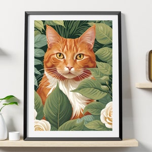 Ginger Cat Print. Ginger Cat in a Rose Bush Print. - Etsy