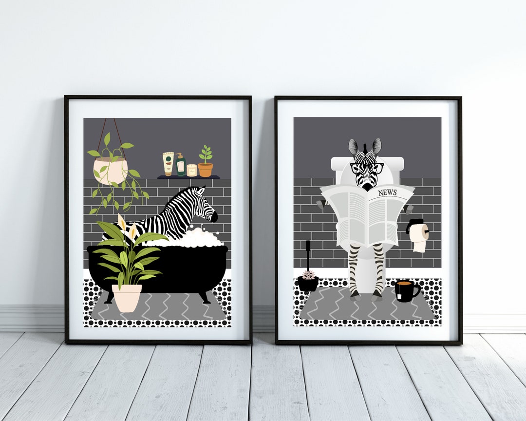 Set of Two Zebra Bathroom Prints. One Zebra in the Bath and One Zebra ...