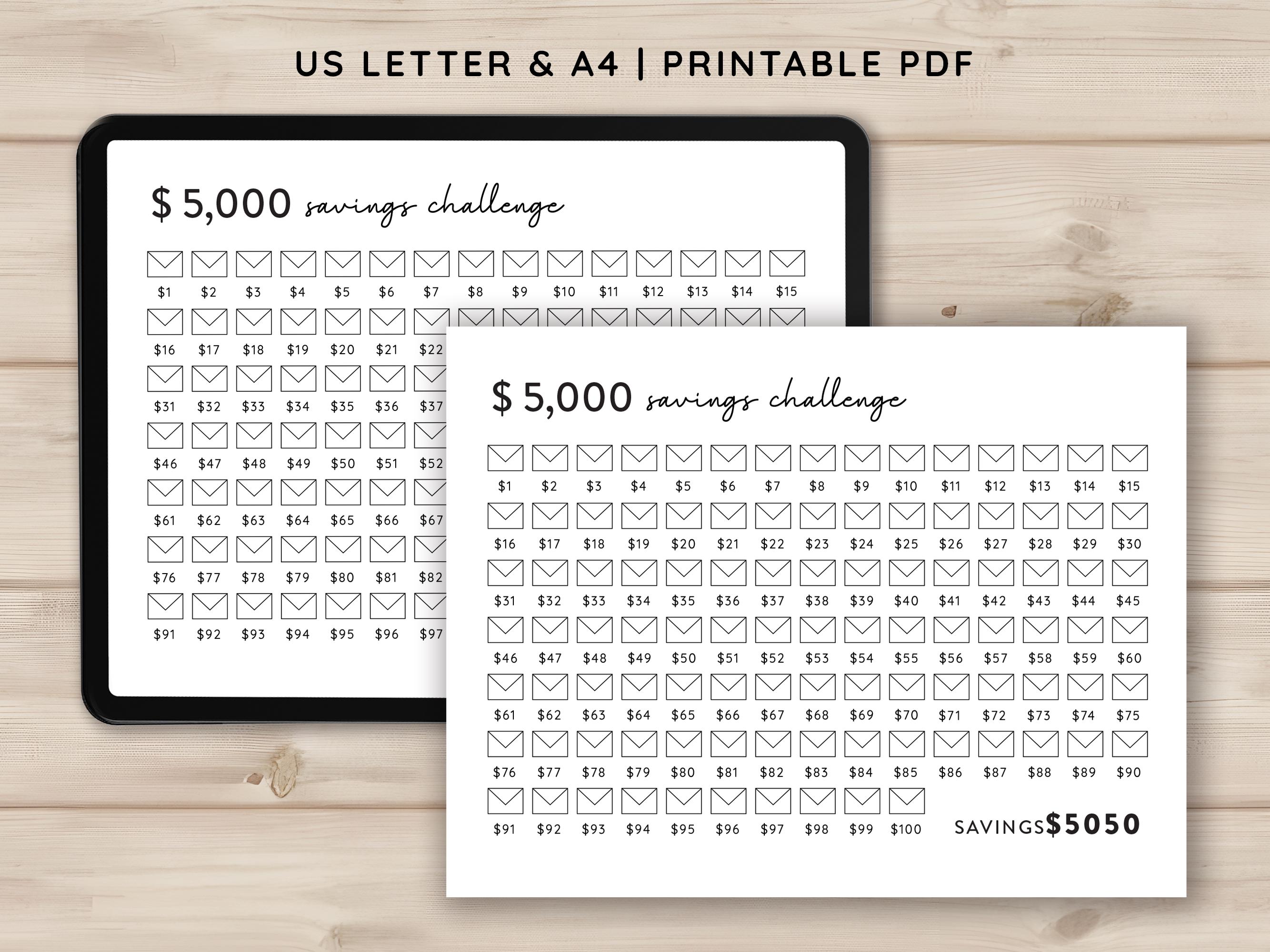 5000 Savings Challenge Printable Landscape, 100 Envelope Challenge ...