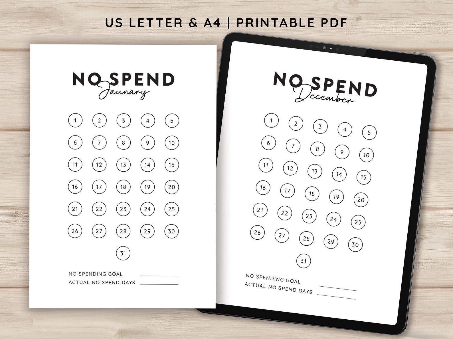 12 Month No Spend Challenge, 30 Day No Spending Tracker Printable No ...