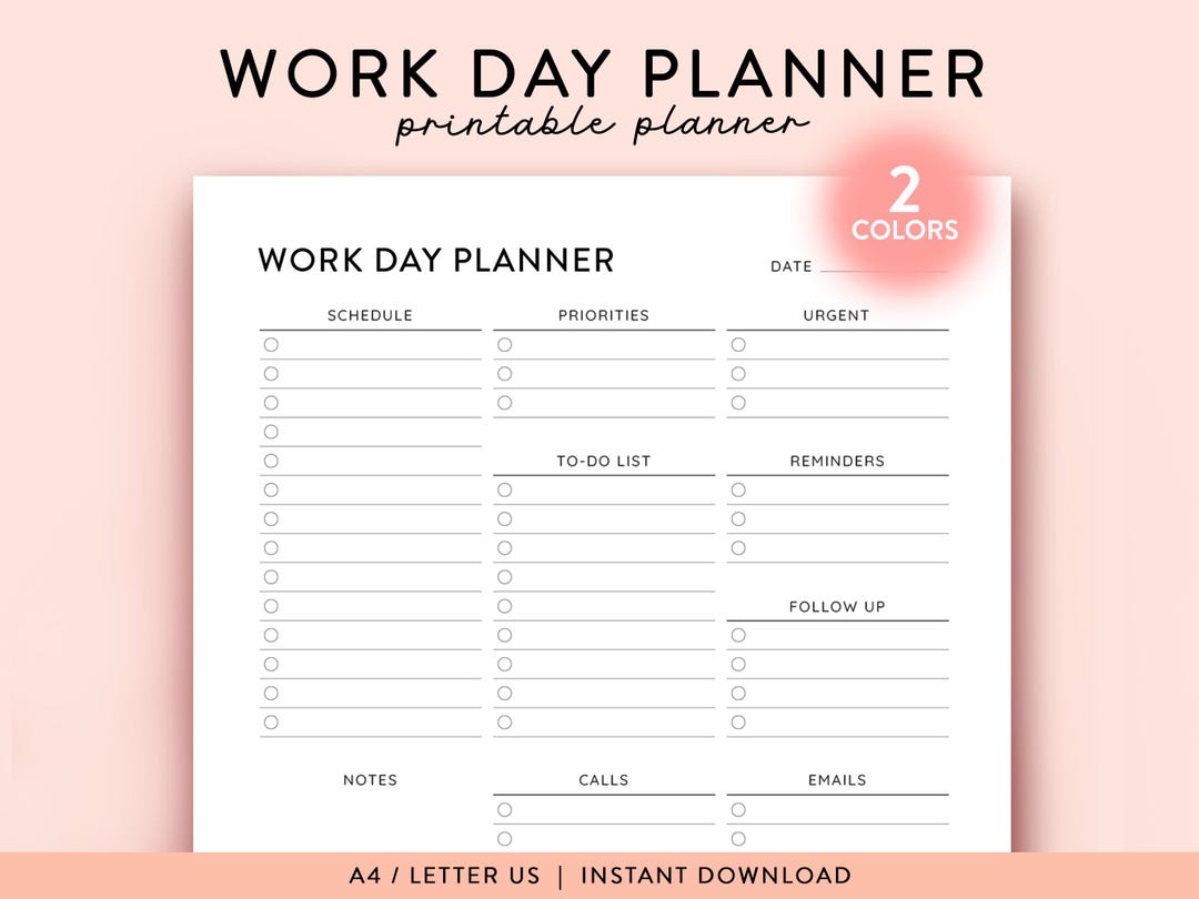 Work Day Planner Printable Work Planner Template, Work Day Organizer ...