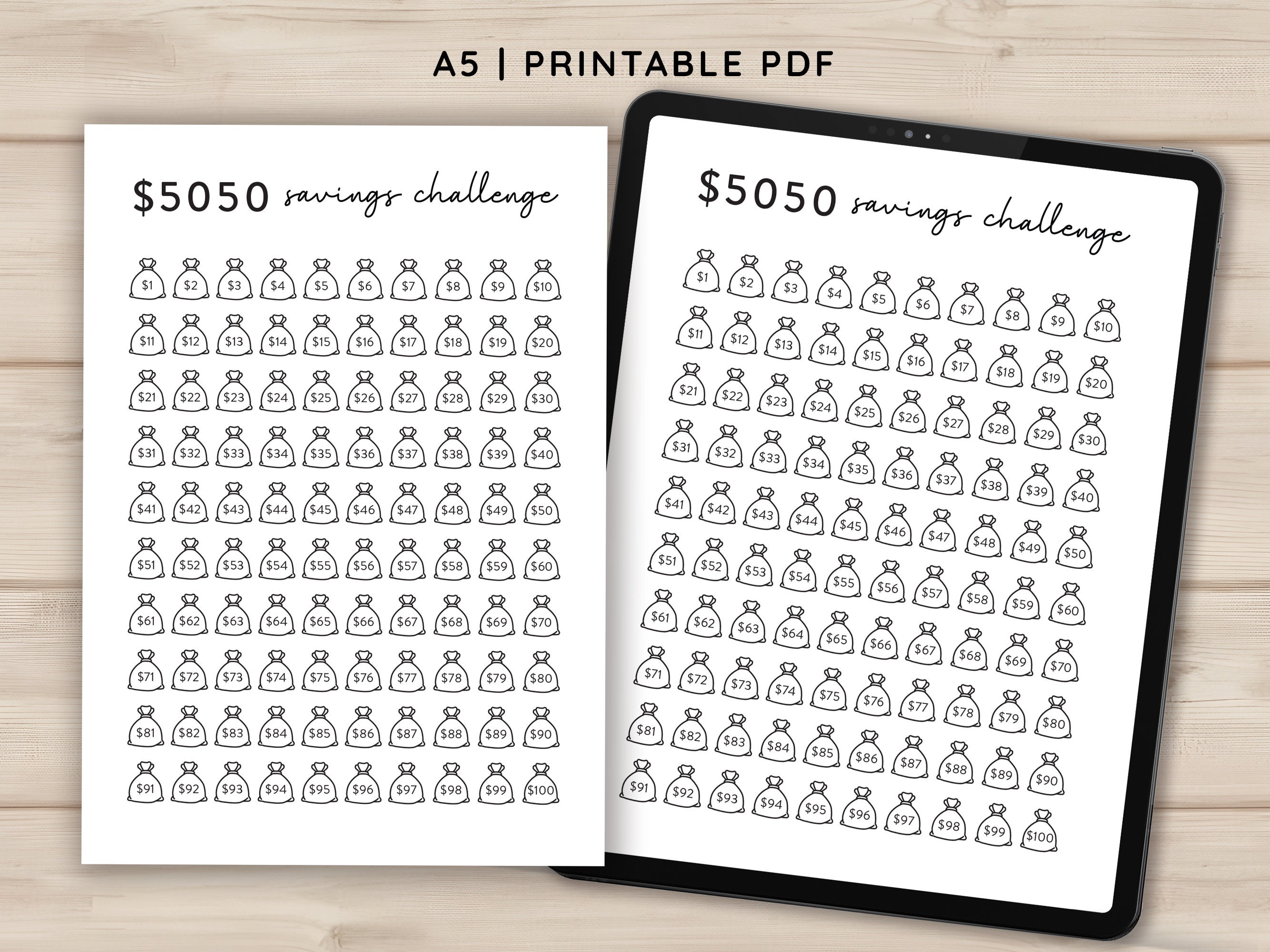 5050 Savings Challenge Printable, 100 Envelope Challenge Printable ...
