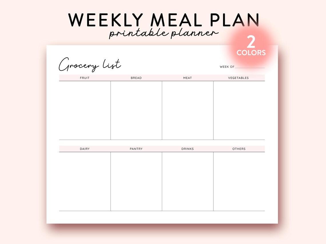 Weekly Meal Planner Landscape With Grocery List Printable, Weekly Menu ...
