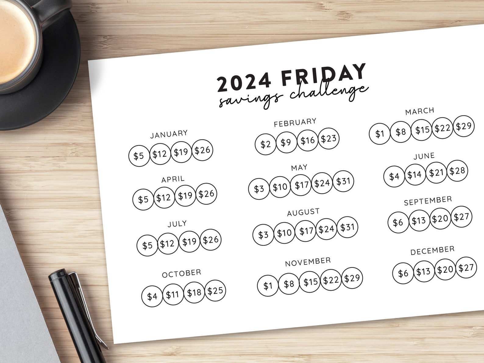 2024 Friday Savings Challenge Printable Landscape, Save 800 Challenge ...