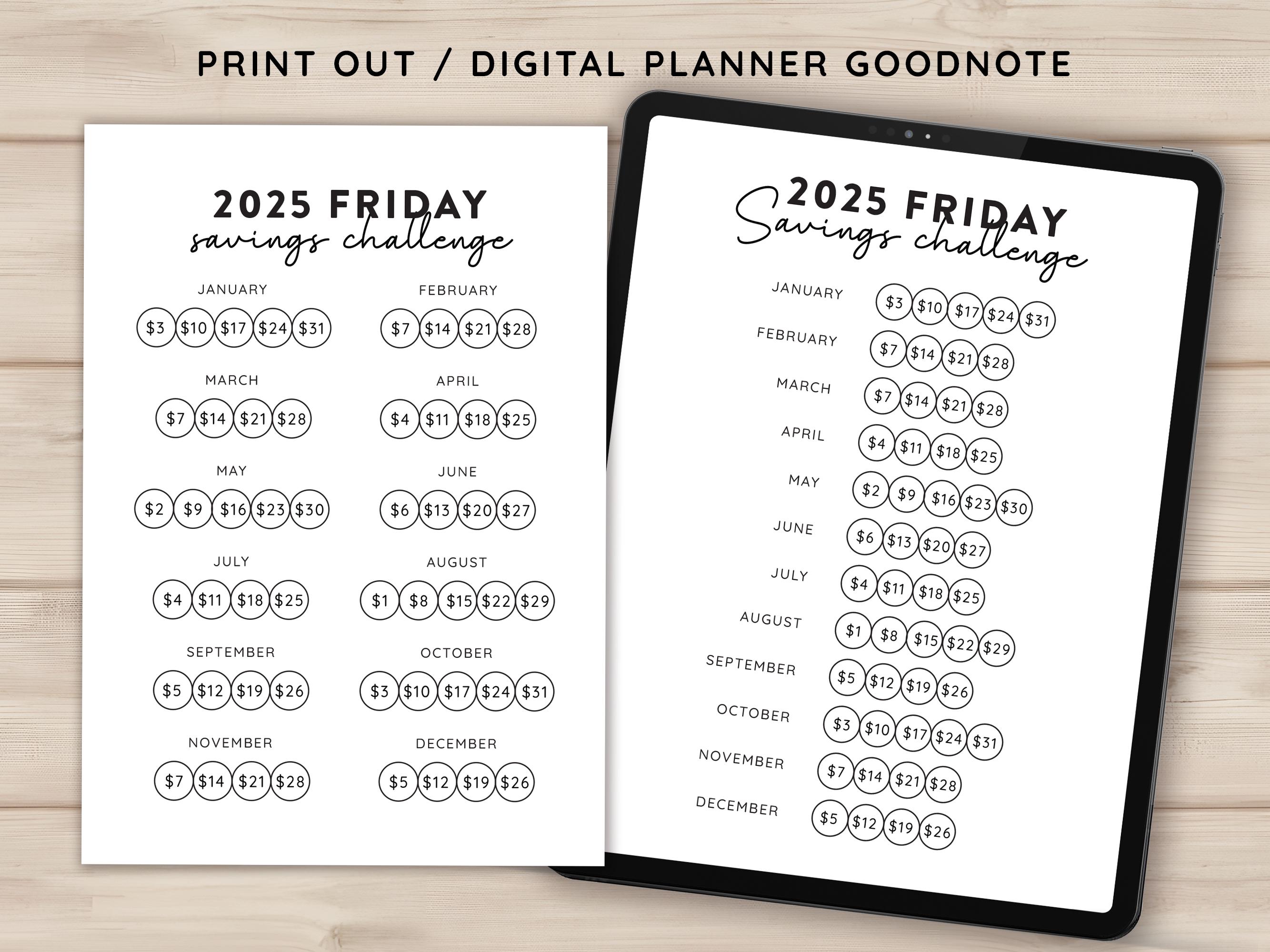 2025 Friday Savings Challenge Printable, Save 800 Challenge Monthly Low ...