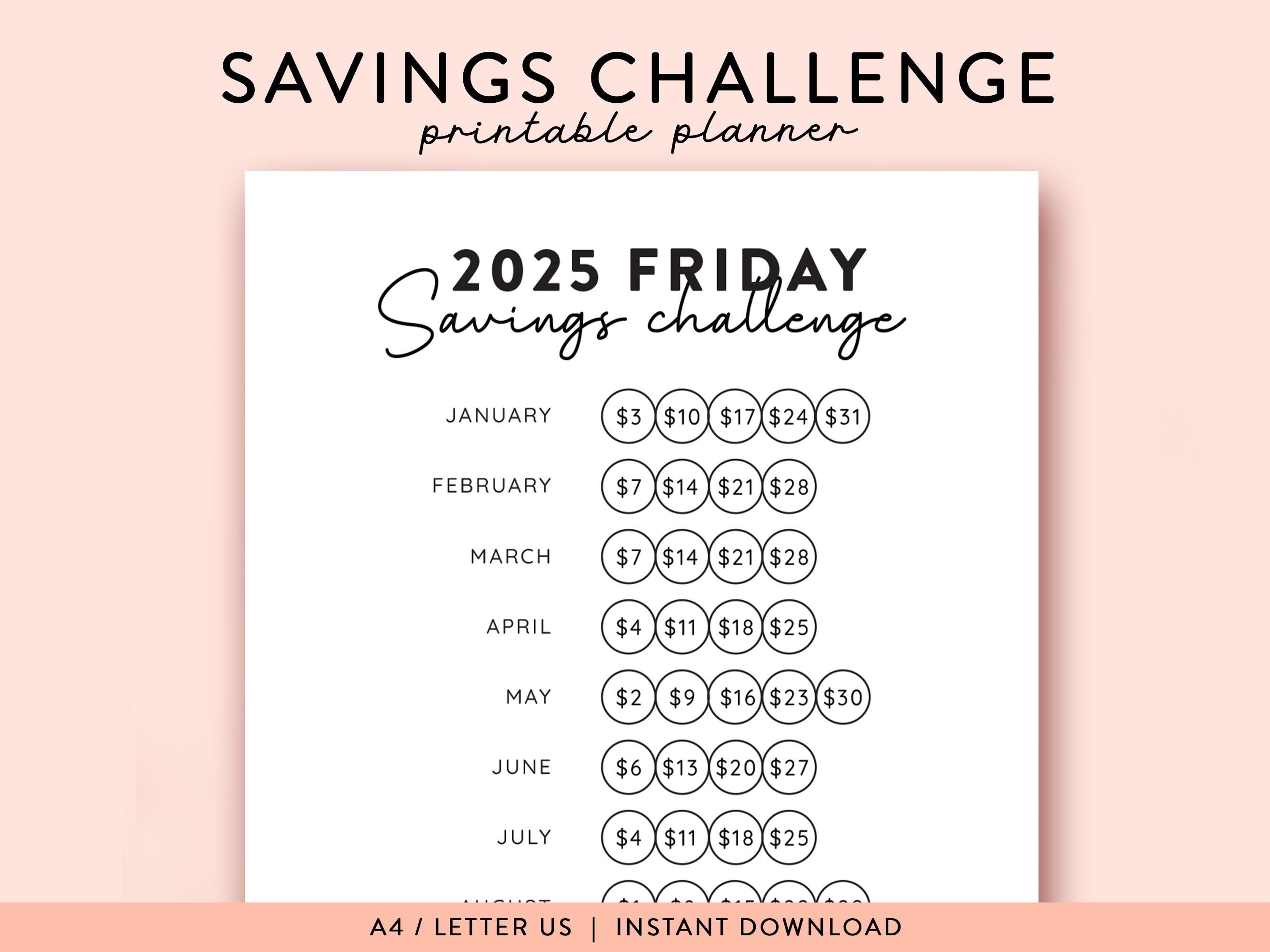 2025 Friday Savings Challenge Printable, Save 800 Challenge Monthly Low ...
