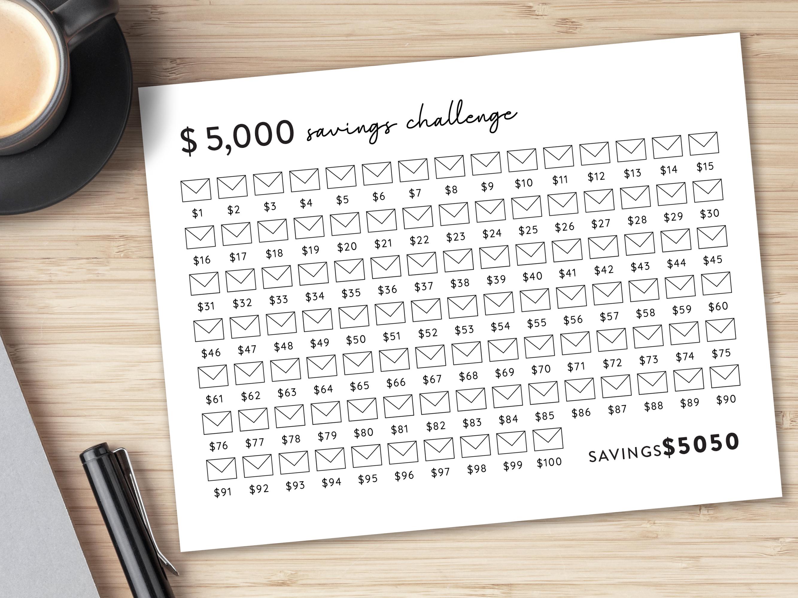 5000 Savings Challenge Printable Landscape, 100 Envelope Challenge ...