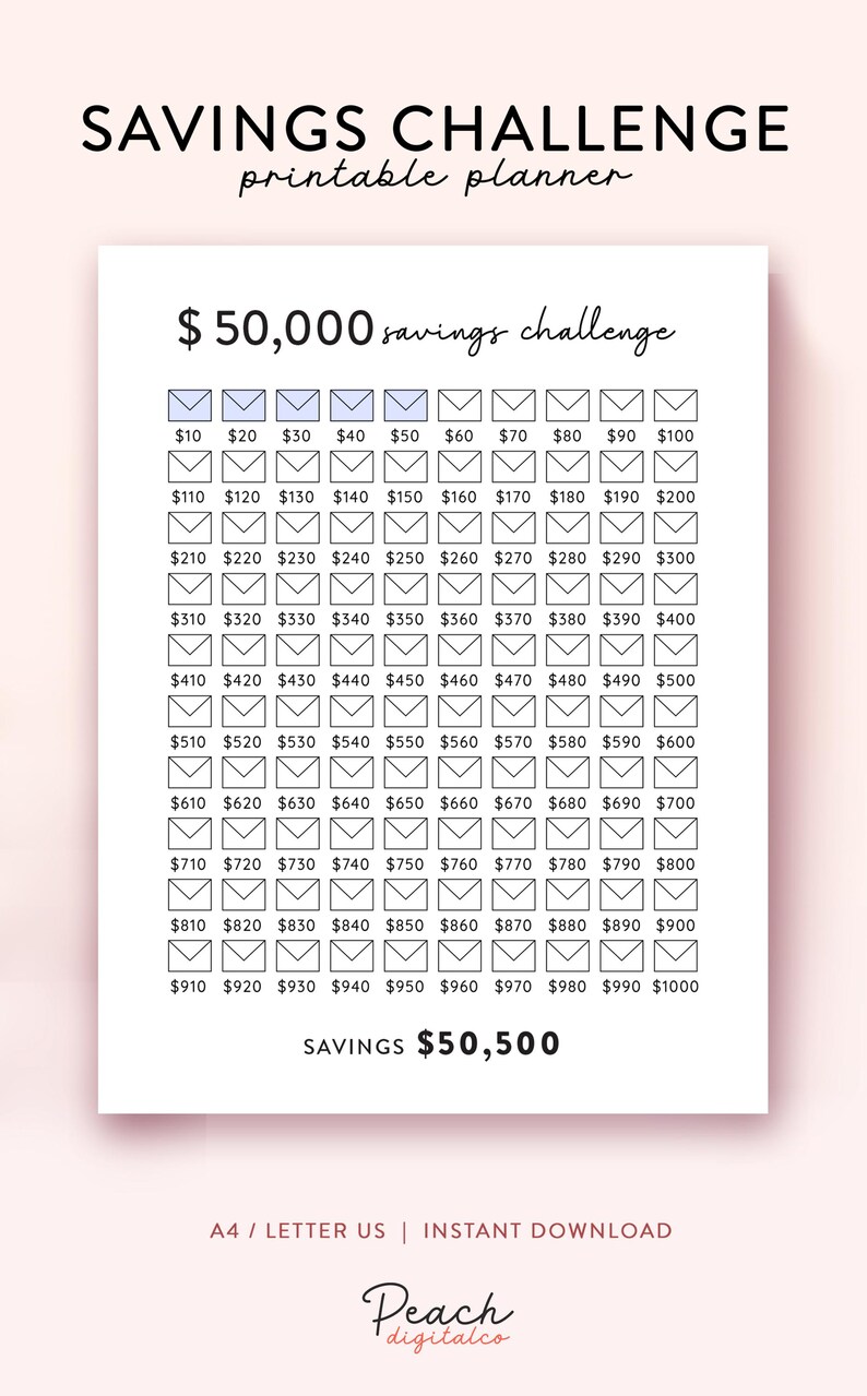 50000 Savings Challenge Printable, 50K Savings Challenge, 100 Envelope ...
