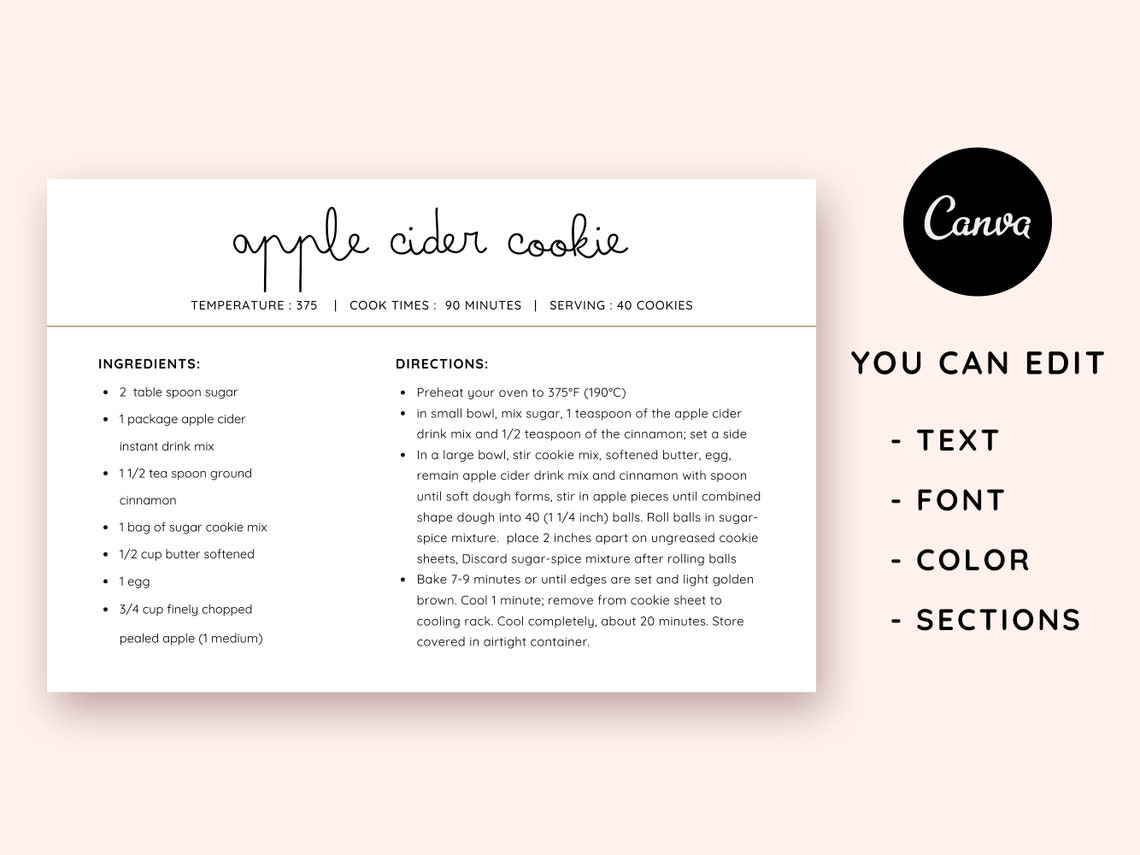 Editable Recipe Card Template Canva, Printable Recipe Card Canva ...