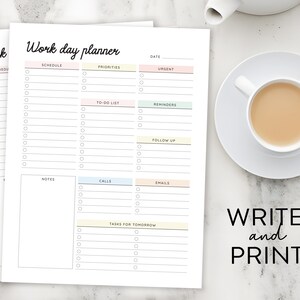 Work Day Planner Printable Work Planner Template, Work Day Organizer ...