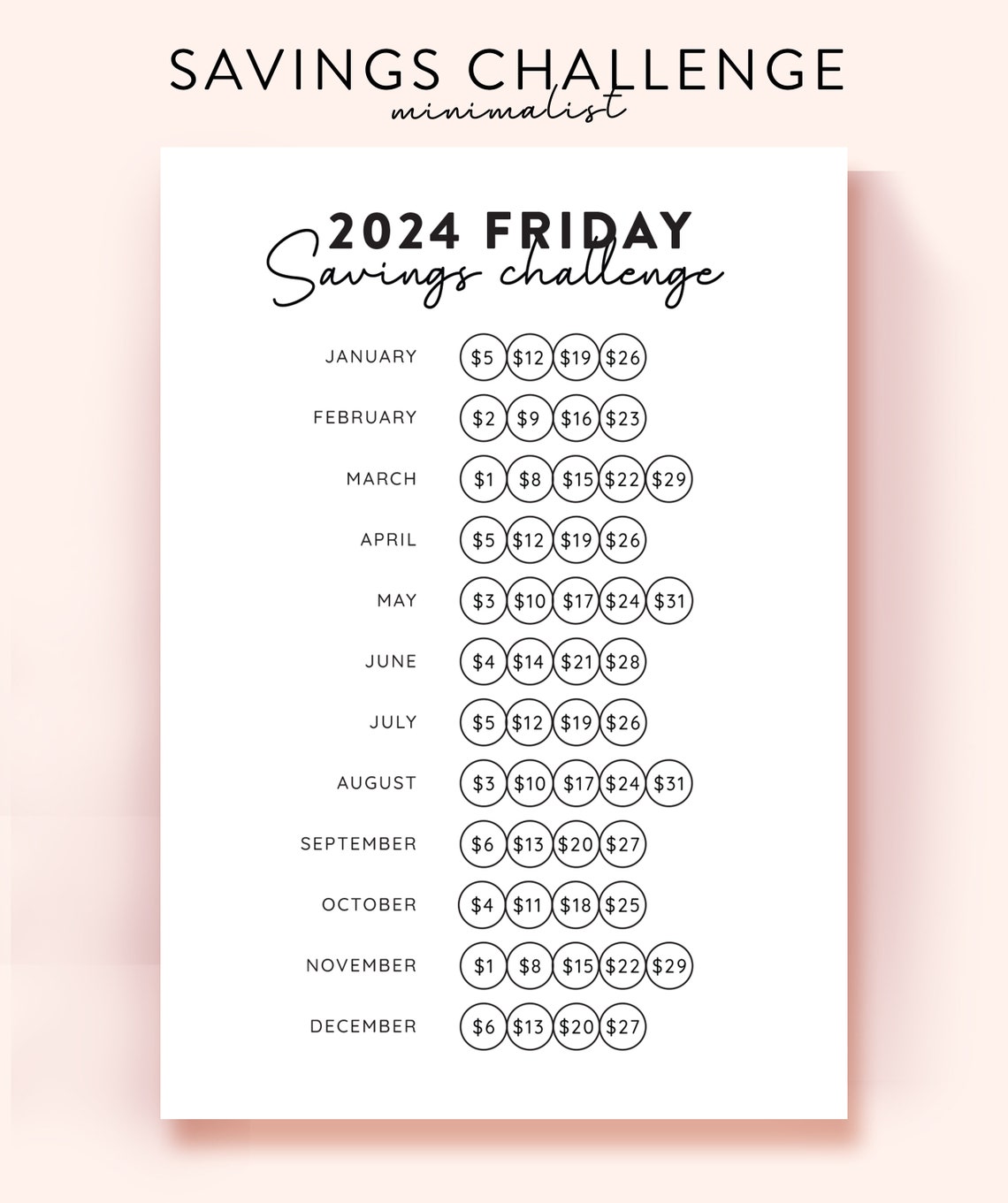 2024 Friday Savings Challenge Printable, Save 800 Challenge Monthly Low ...