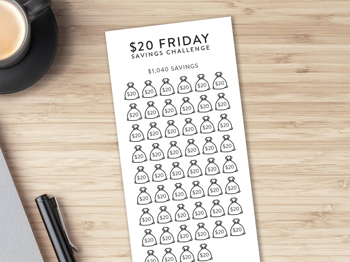 20 Dollar Friday Savings Challenge Printable, Save 1000 Challenge ...