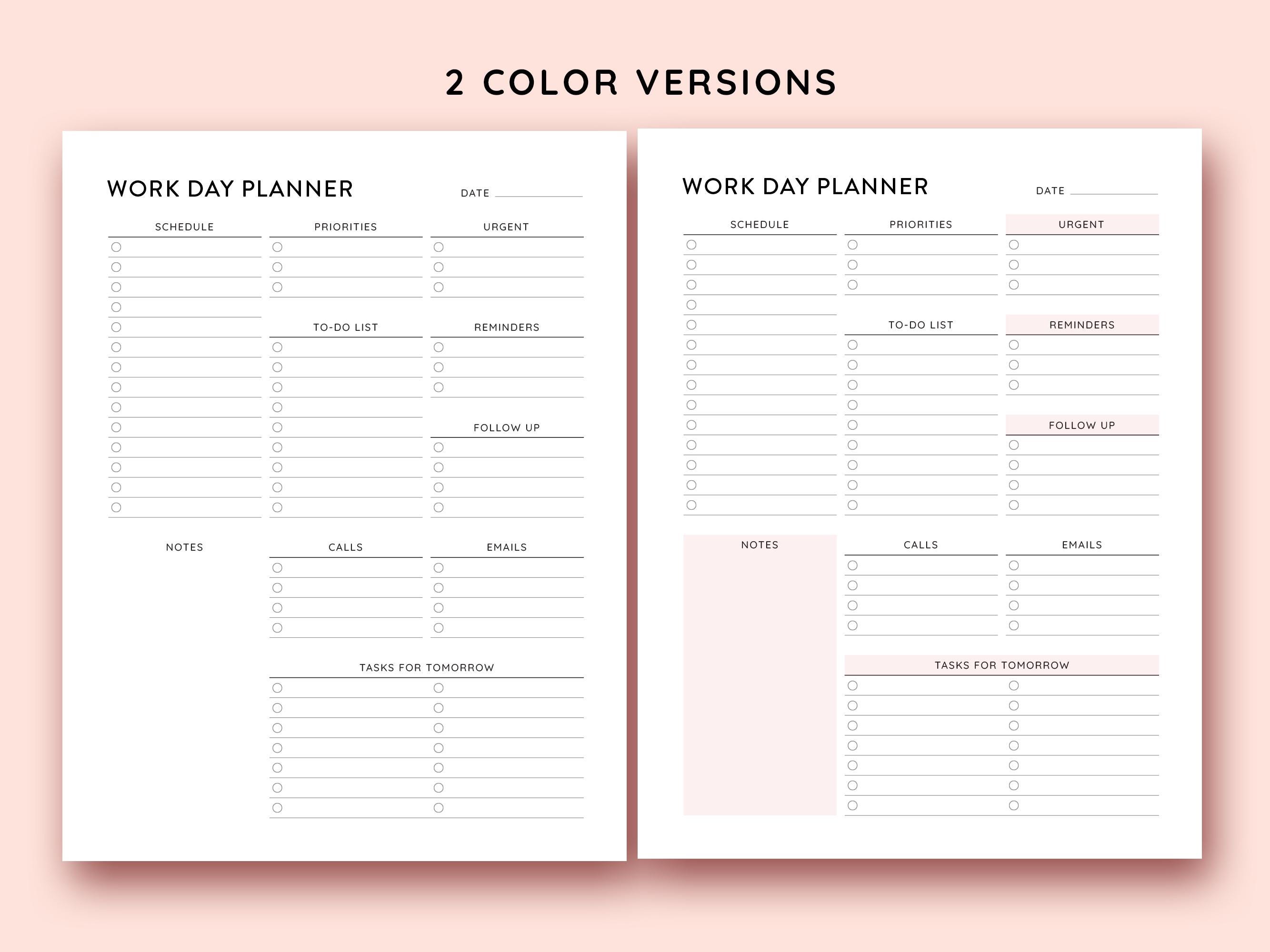 Work Day Planner Printable Work Planner Template, Work Day Organizer ...