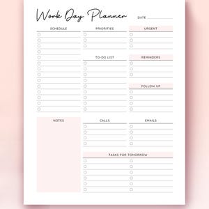 Work Day Planner Printable Work Planner Template, Work Day Organizer Printable Daily Planner ...