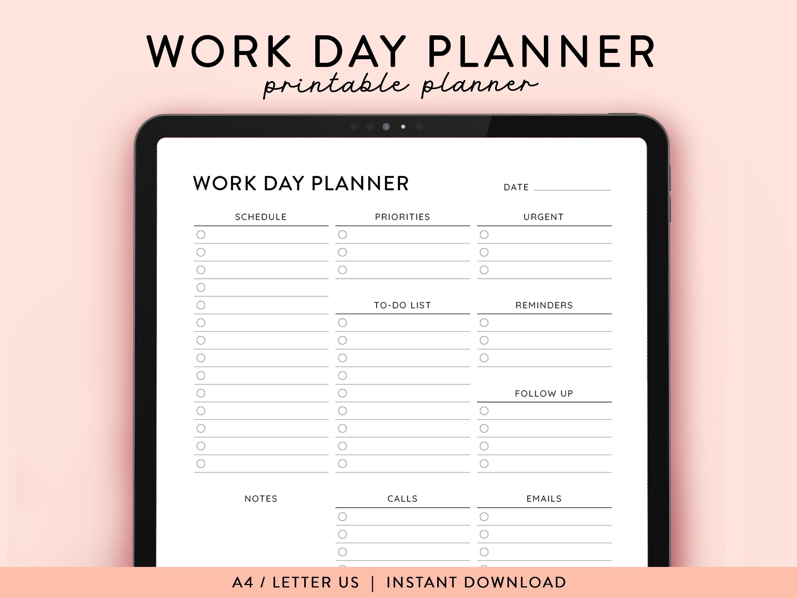 Work Day Planner Printable Work Planner Template, Work Day Organizer ...