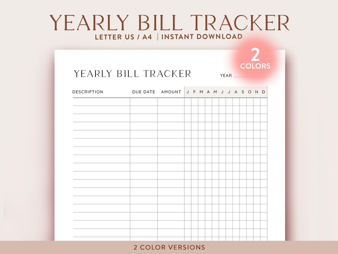 Yearly Bill Tracker, Financial Planner Printable, Monthly Bill Payment ...