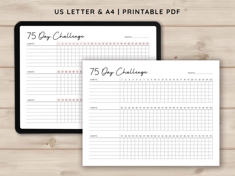 75 Day Challenge Printable Landscape, Daily 75 Day Challenge Journal ...