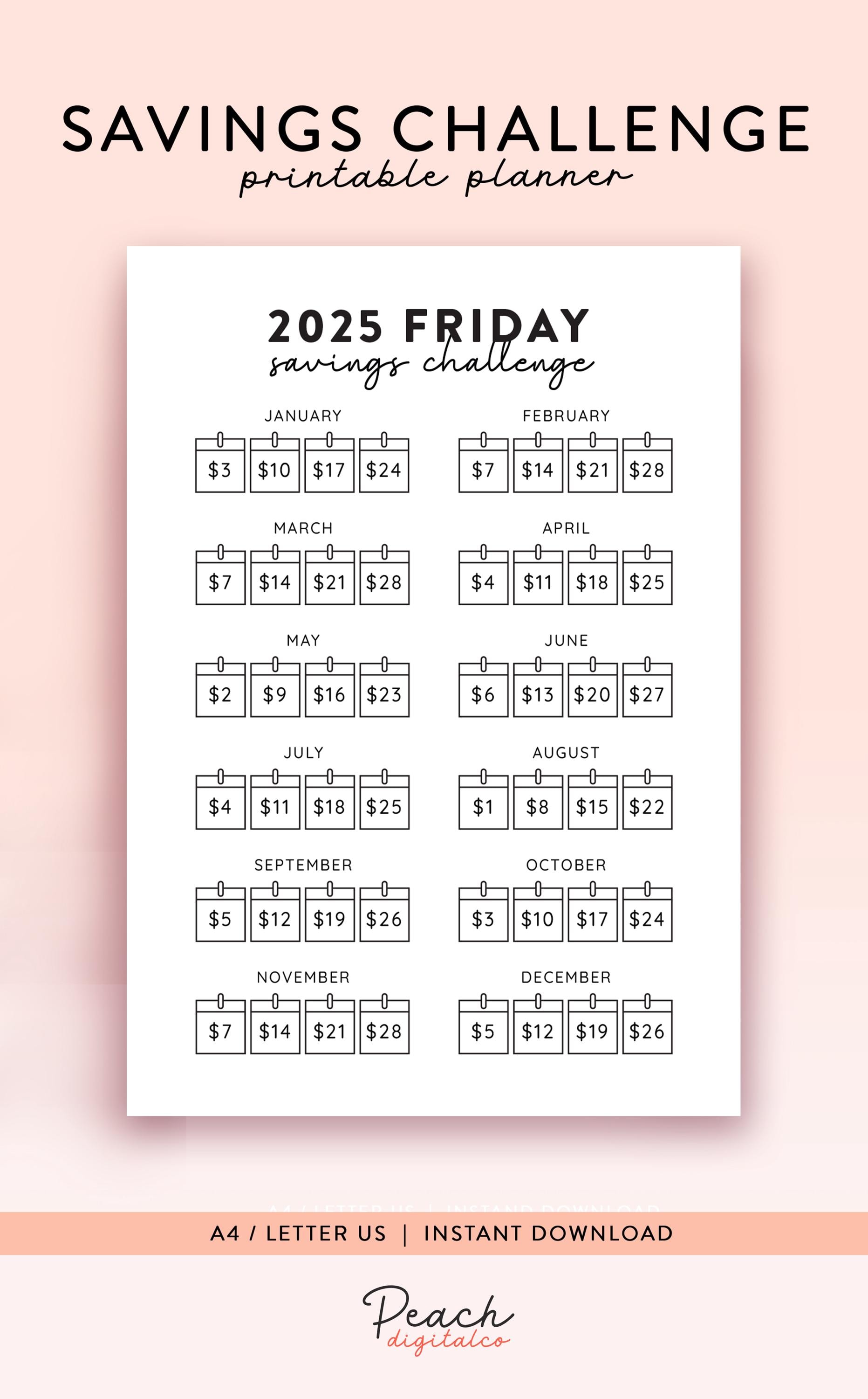 2025 Friday Savings Challenge Printable, Save 800 Challenge Monthly Low ...