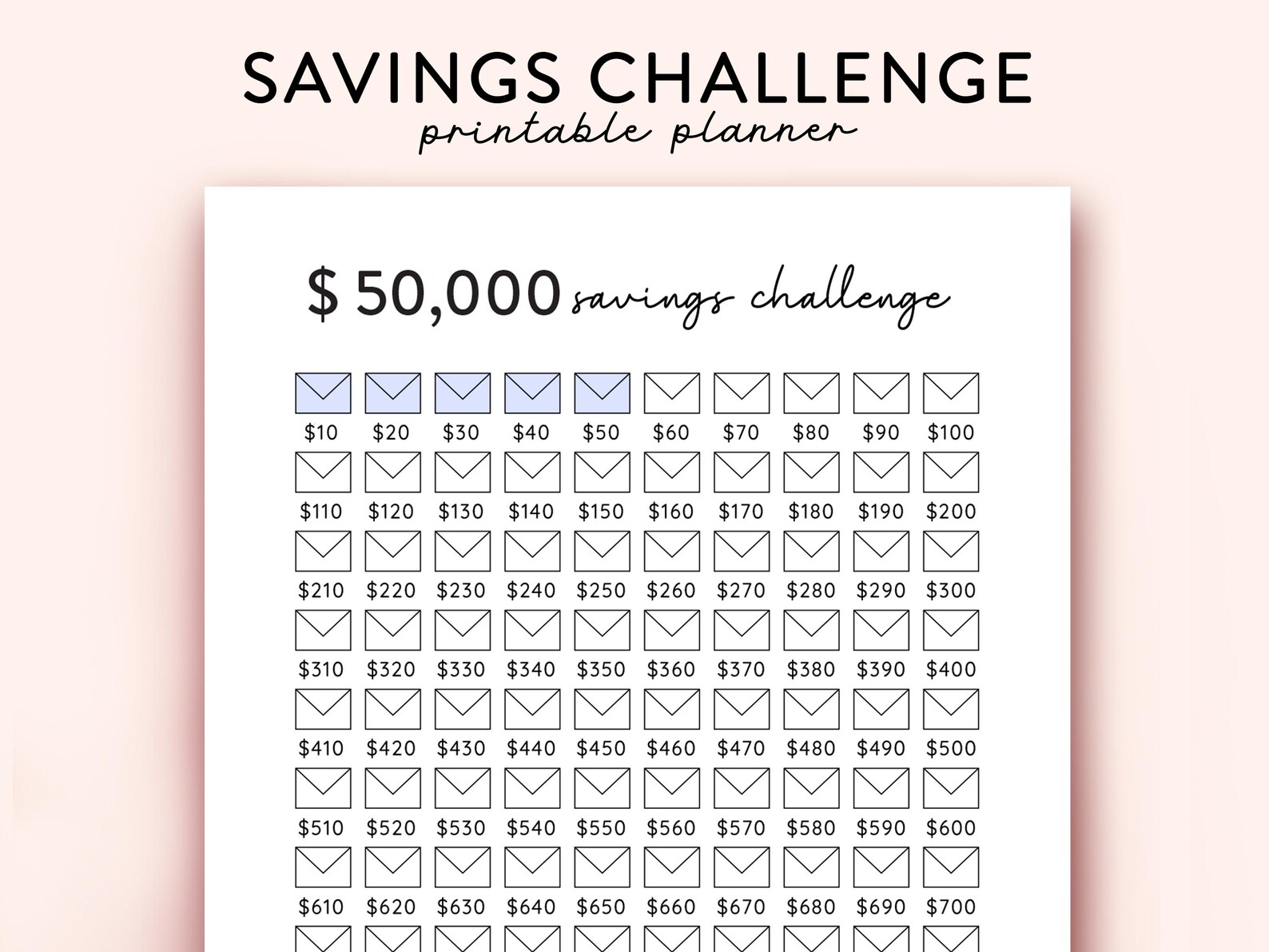 50000 Savings Challenge Printable, 50K Savings Challenge, 100 Envelope ...
