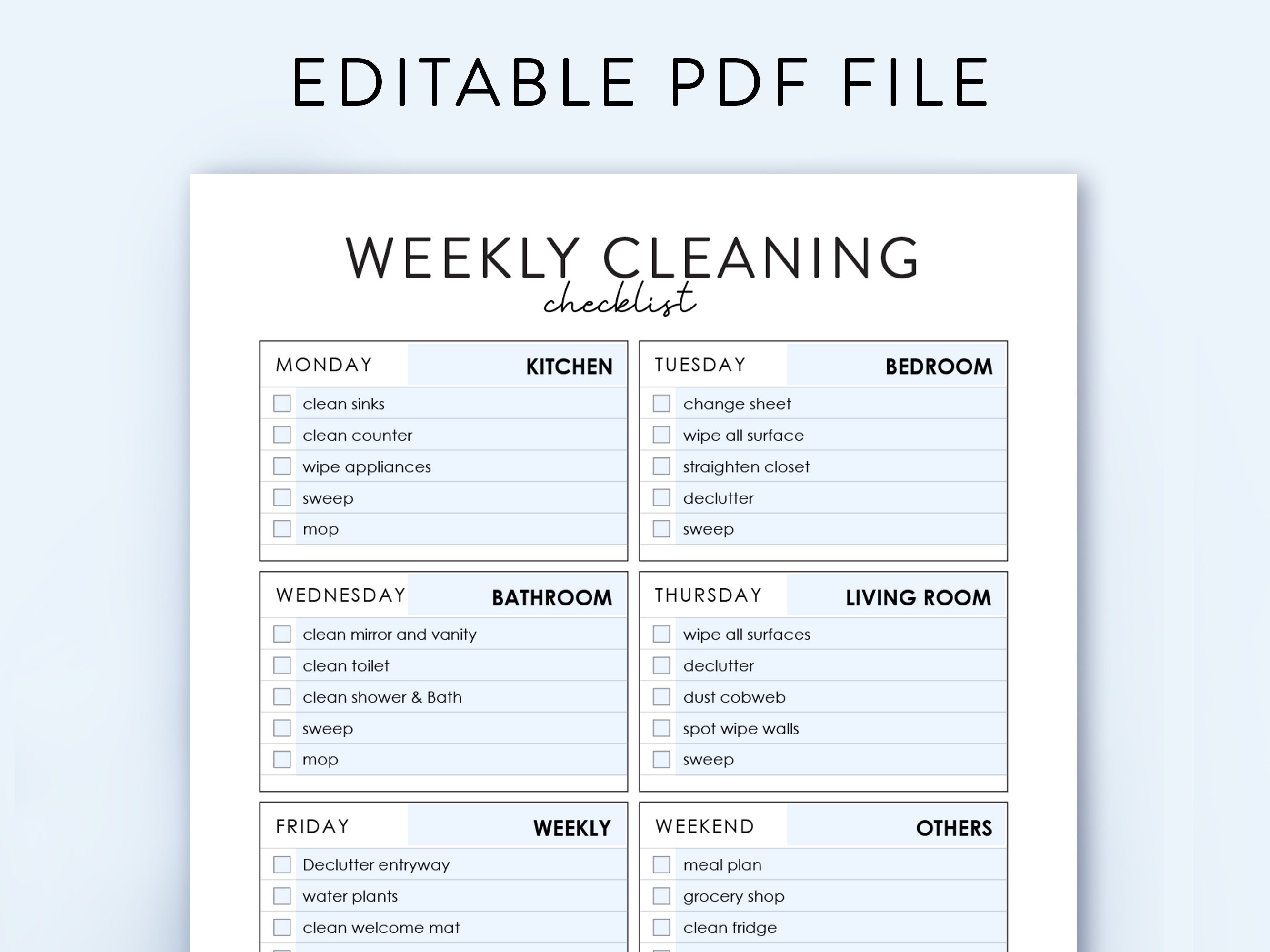 Editable Weekly Cleaning Checklist Printable Cleaning to Do List Weekly ...