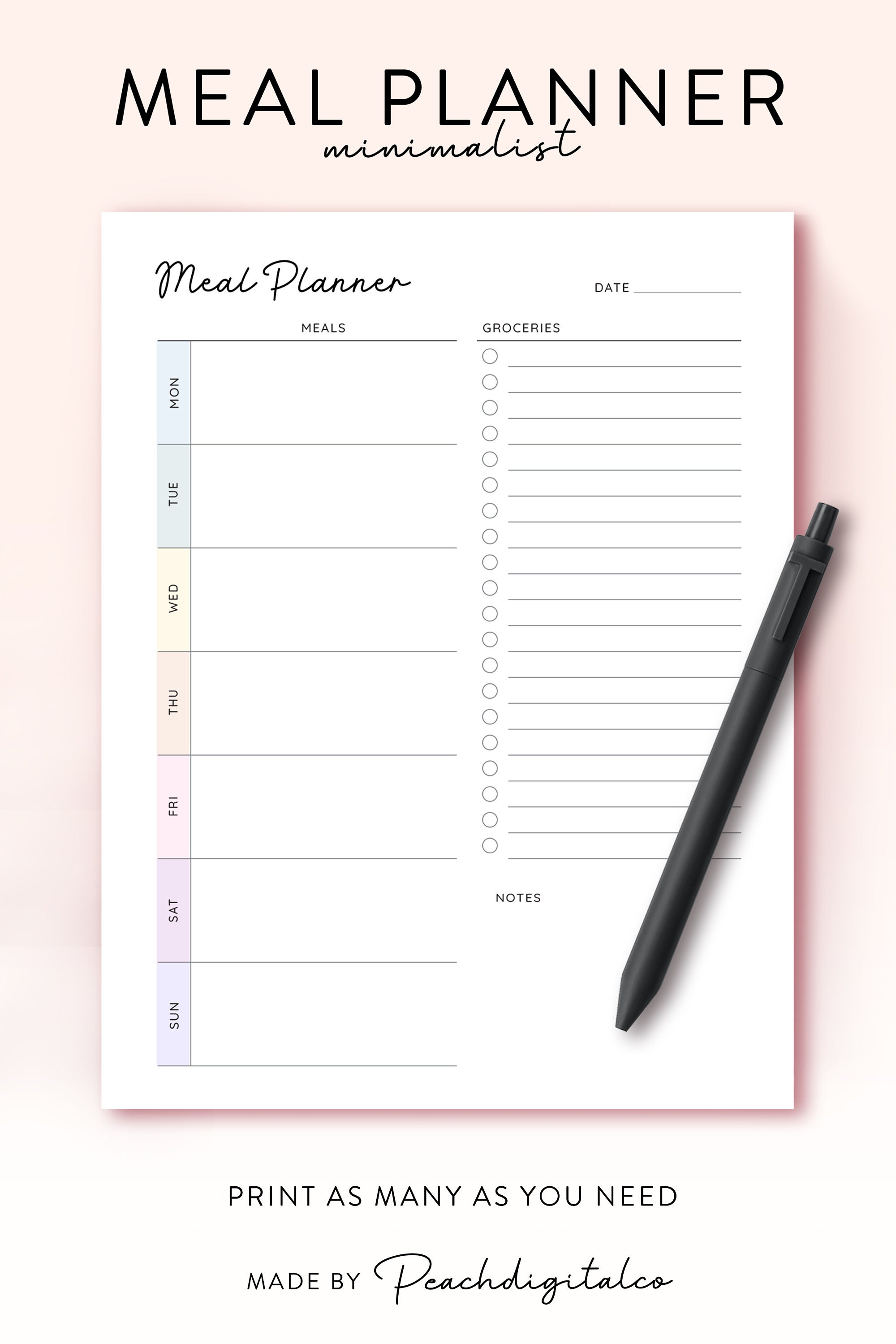 Minimalist Digital Weekly Meal Planner and Grocery List Template ...