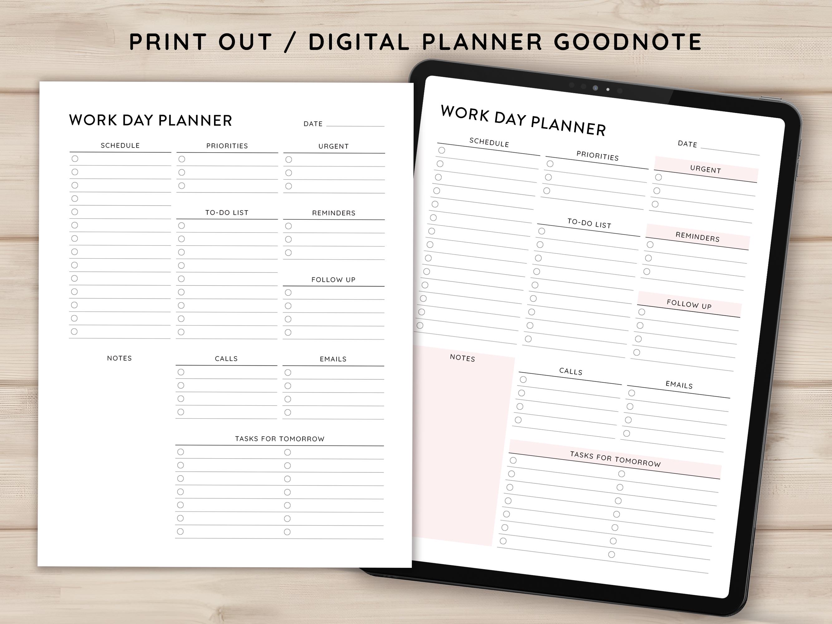 Work Day Planner Printable Work Planner Template, Work Day Organizer ...