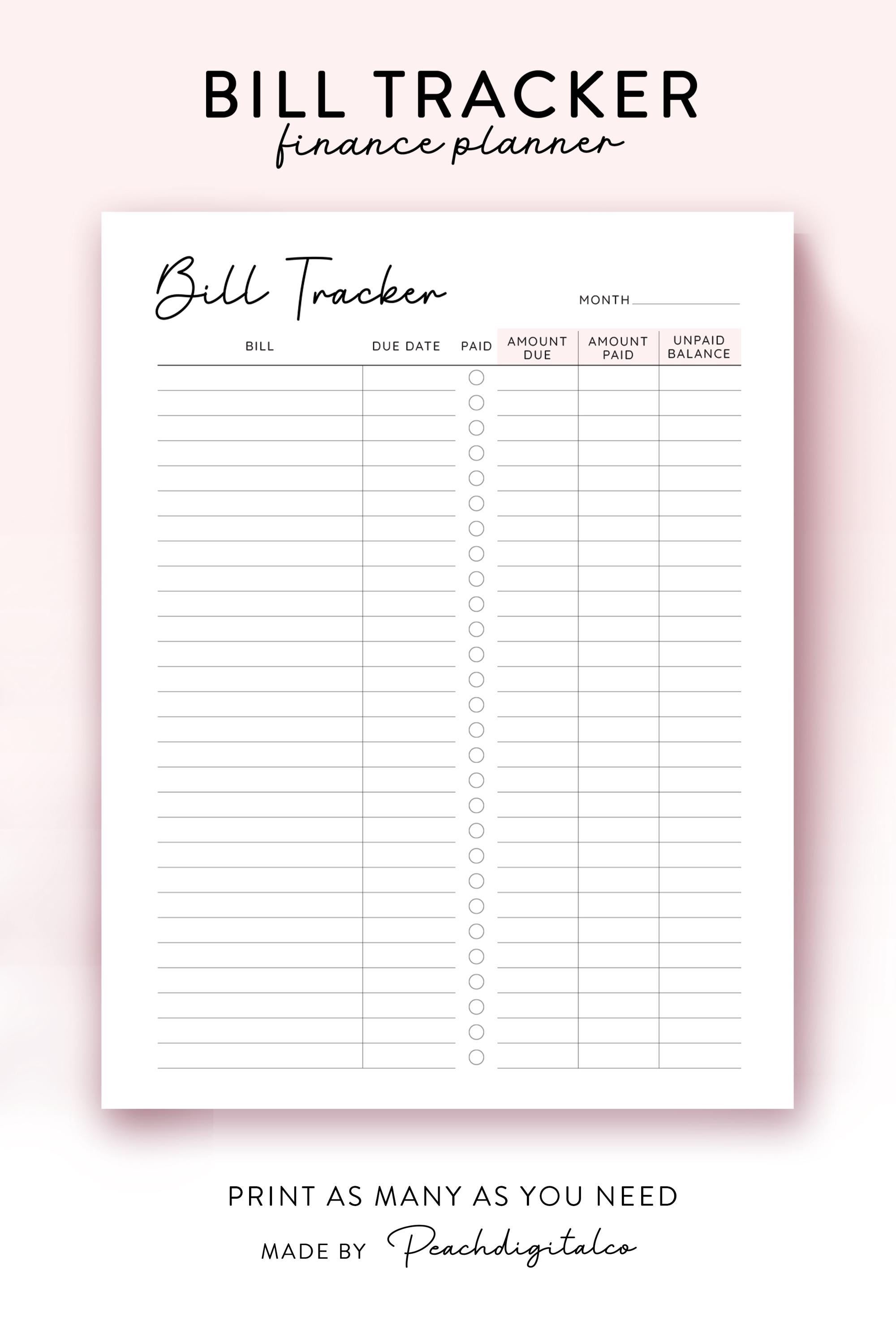 Monthly Bill Payment Tracker Printable, Financial Planner Printable ...