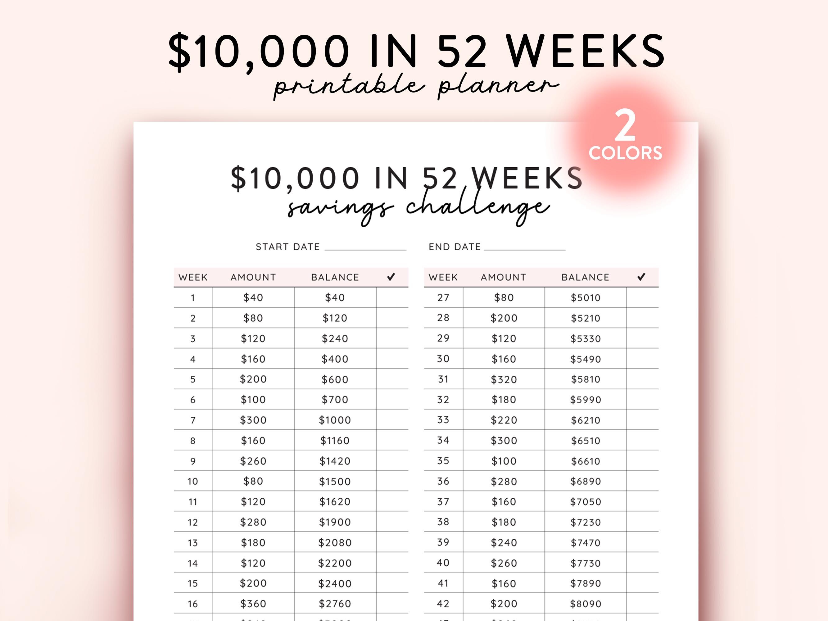 52 Weeks Savings Challenge Printable, 10000 Savings Challenge, 10K ...