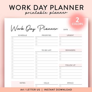 Work Day Planner Printable Work Planner Template, Work Day Organizer Printable Daily Planner ...