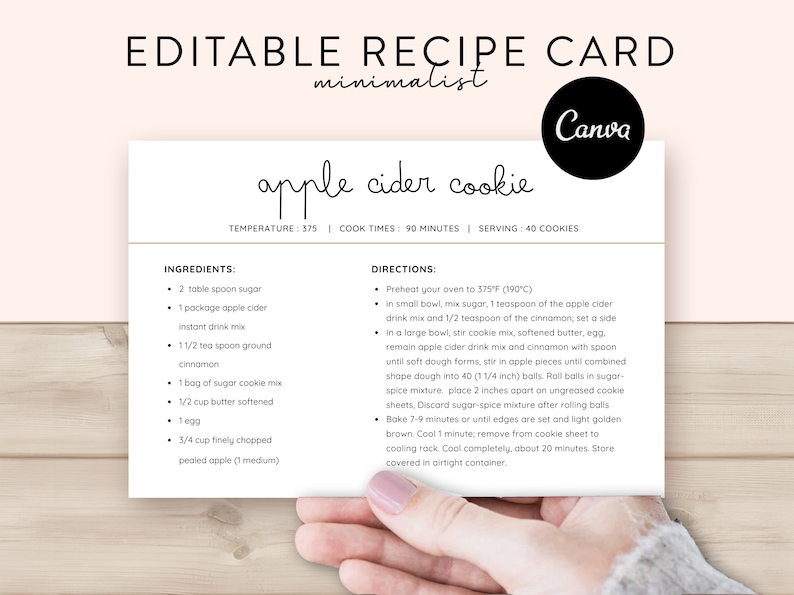 Editable Recipe Card Template Canva, Printable Recipe Card Canva ...